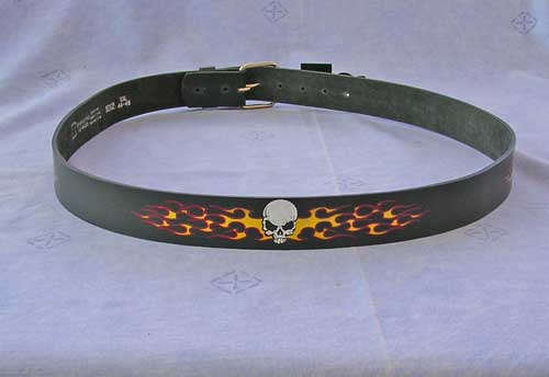 Bikers Leather Belt with Skull and Flame Motif