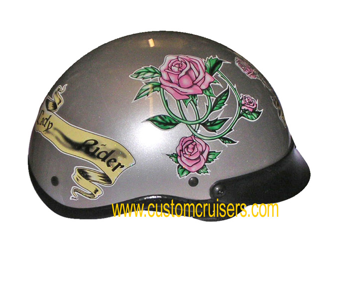 Lady Rider Helmet-Silver DOT Helmet Roses chips open face helmet